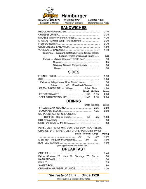 Kewpee Hamburgers menu in Lima, Ohio, USA