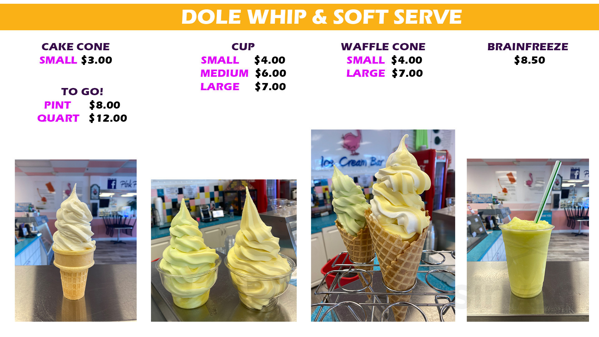 Pink Pelican Ice Cream Bar menu in Panama City Beach, Florida, USA