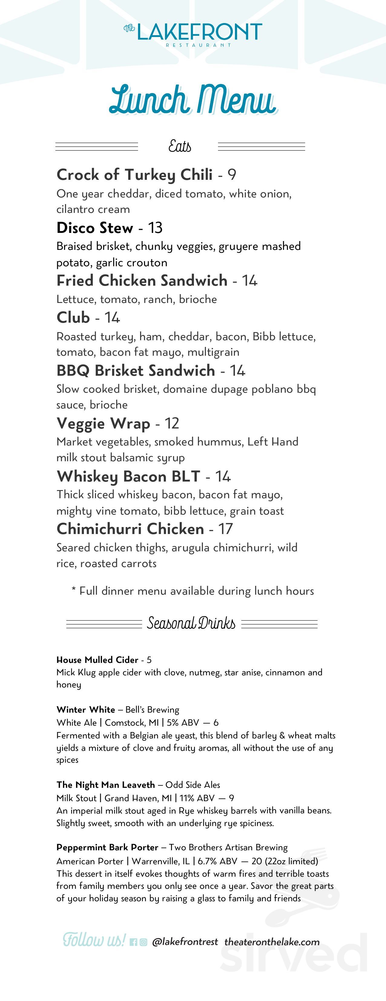 Menu for The Lakefront Restaurant at Theater on the Lake in Chicago, IL ...