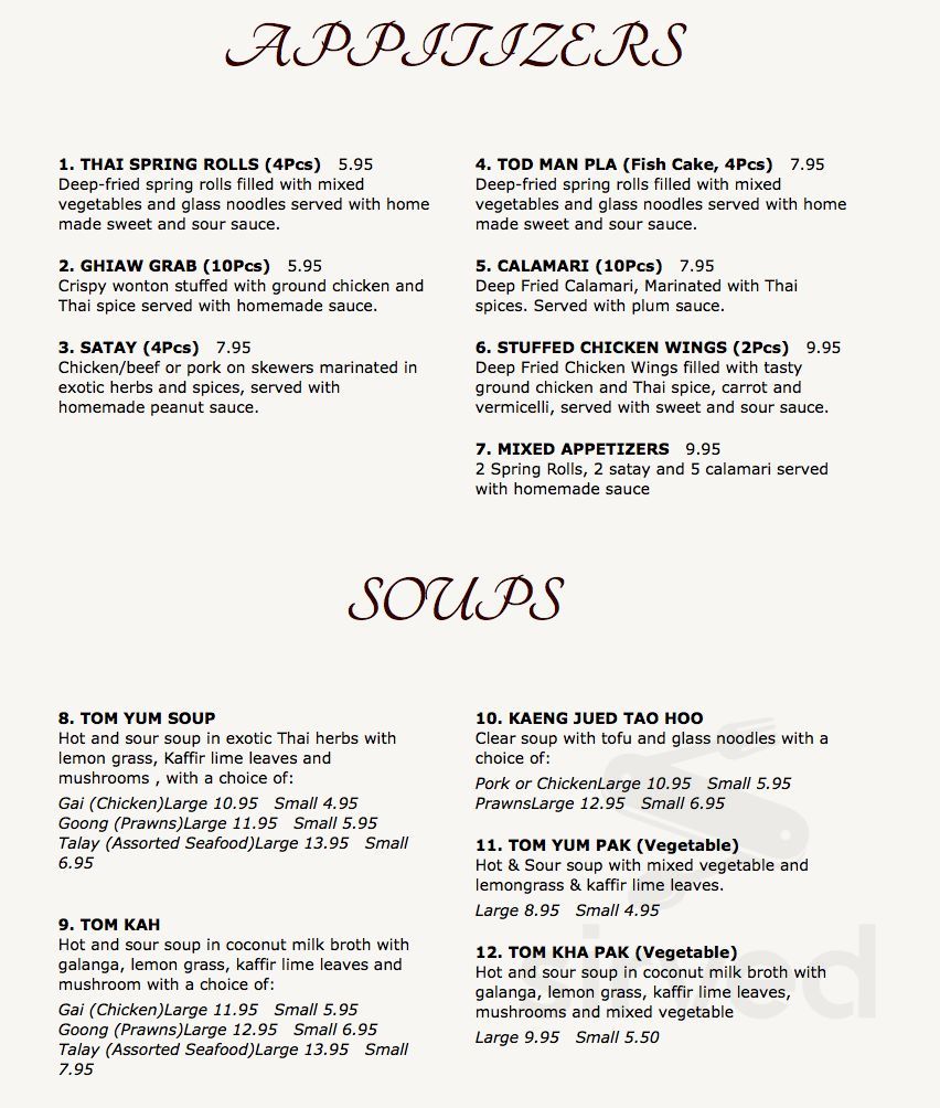 Thida Thai Restaurant menu in Vancouver, British Columbia, Canada