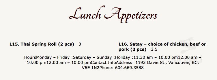 Thida Thai Restaurant menu in Vancouver, British Columbia, Canada