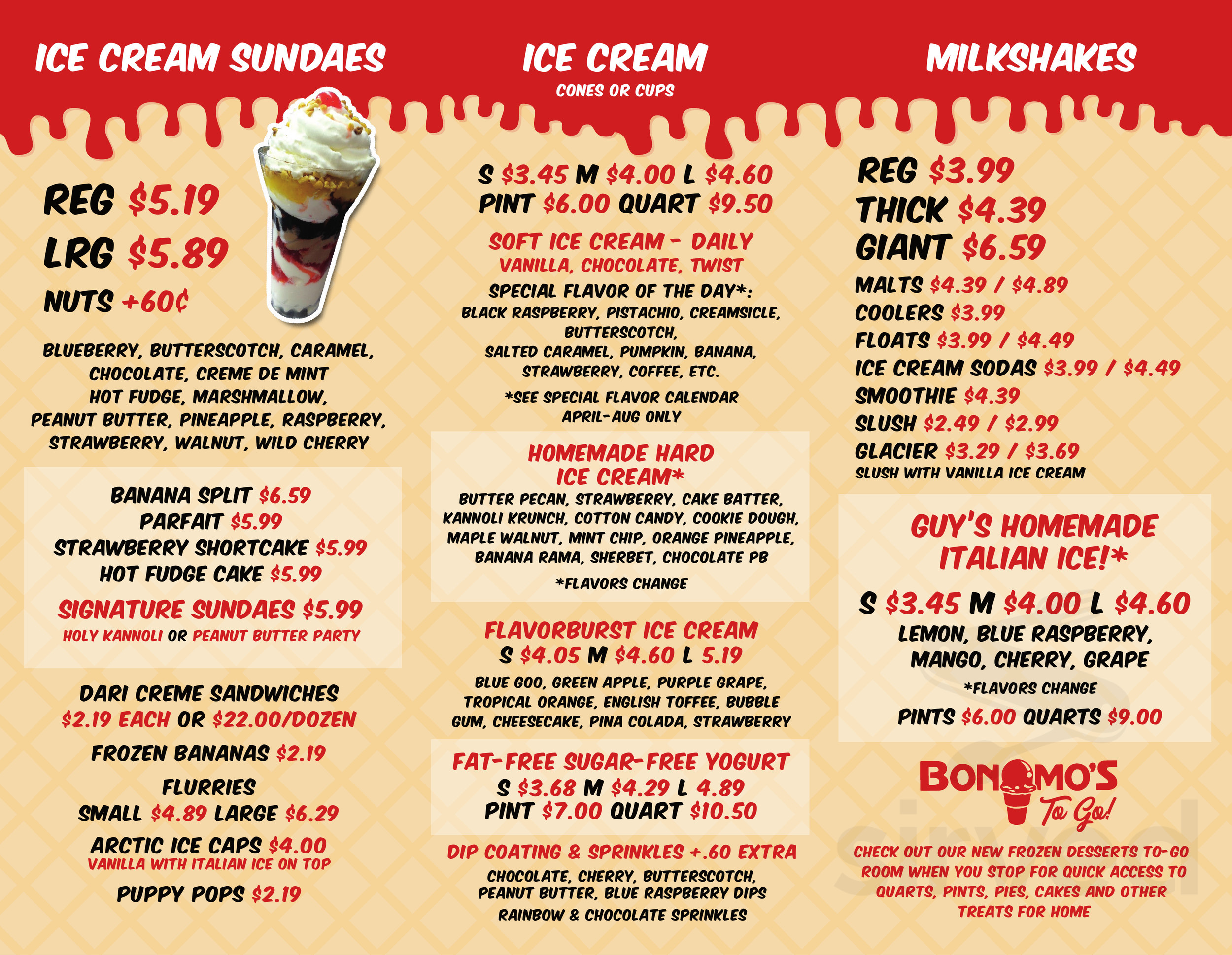 Menu - Clinton NY's Bonomo's Ice Cream | Sirved