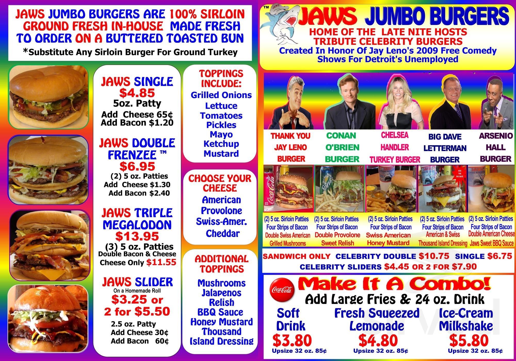 JAWS Jumbo Burgers menu in White House, Tennessee, USA