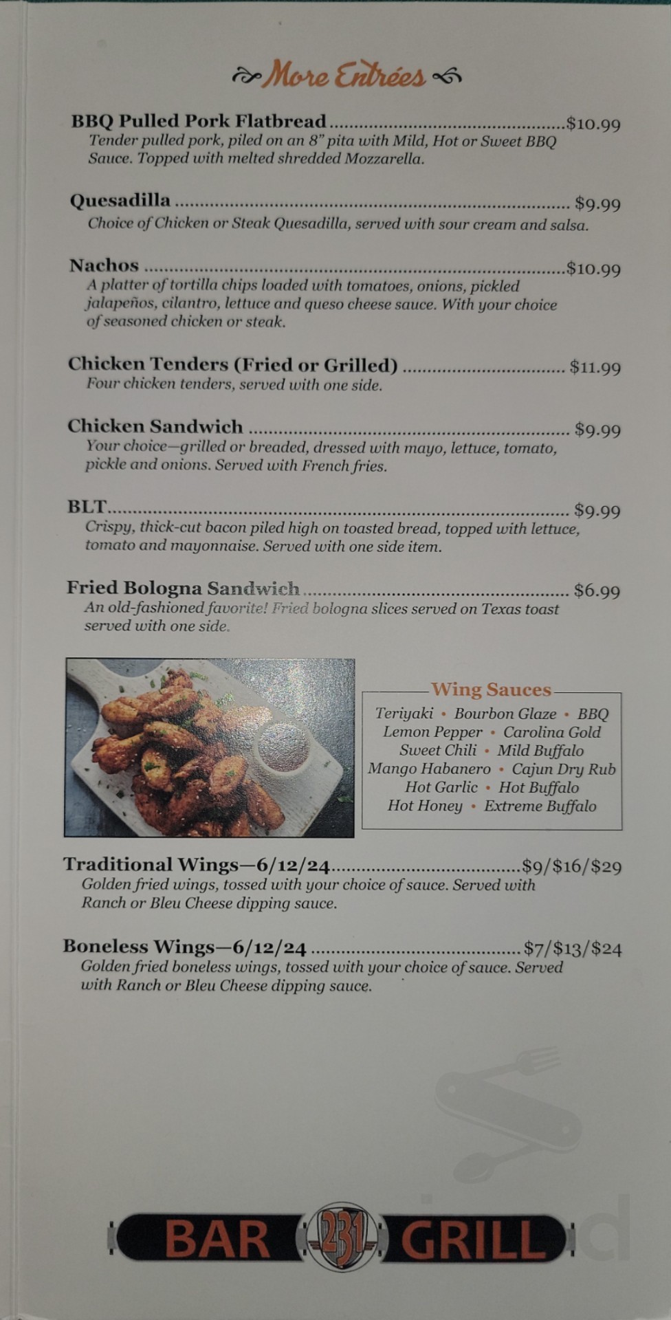 231 Bar & Grill menu in Bowling Green, Kentucky, USA