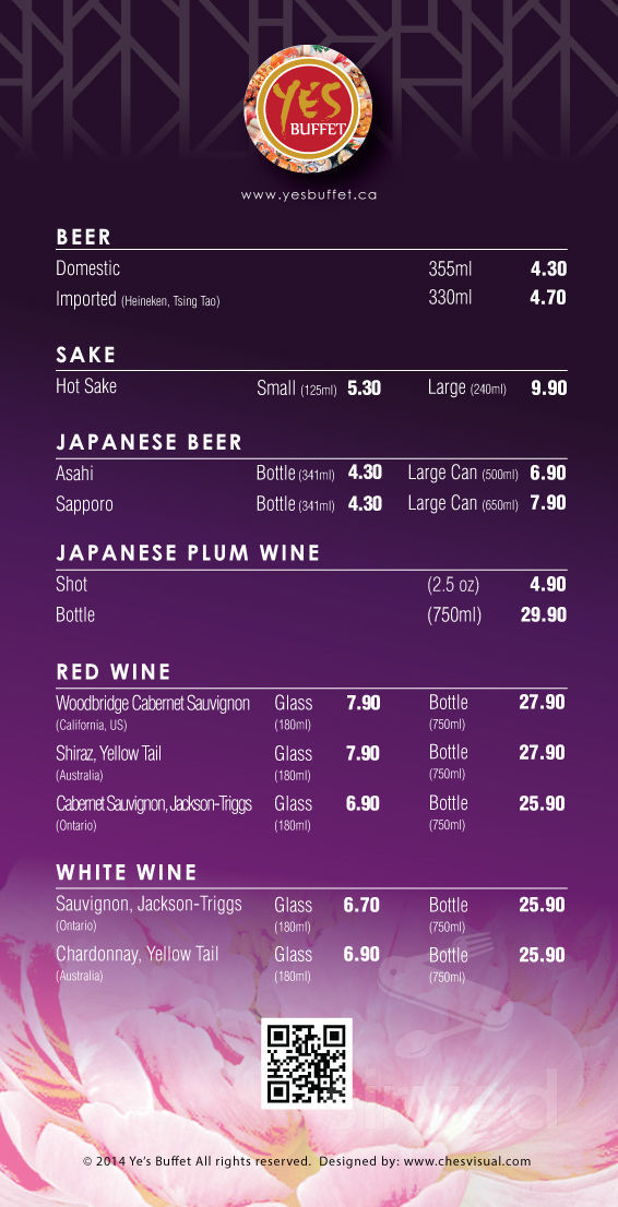 YES Buffet menu in Winnipeg, Manitoba, Canada