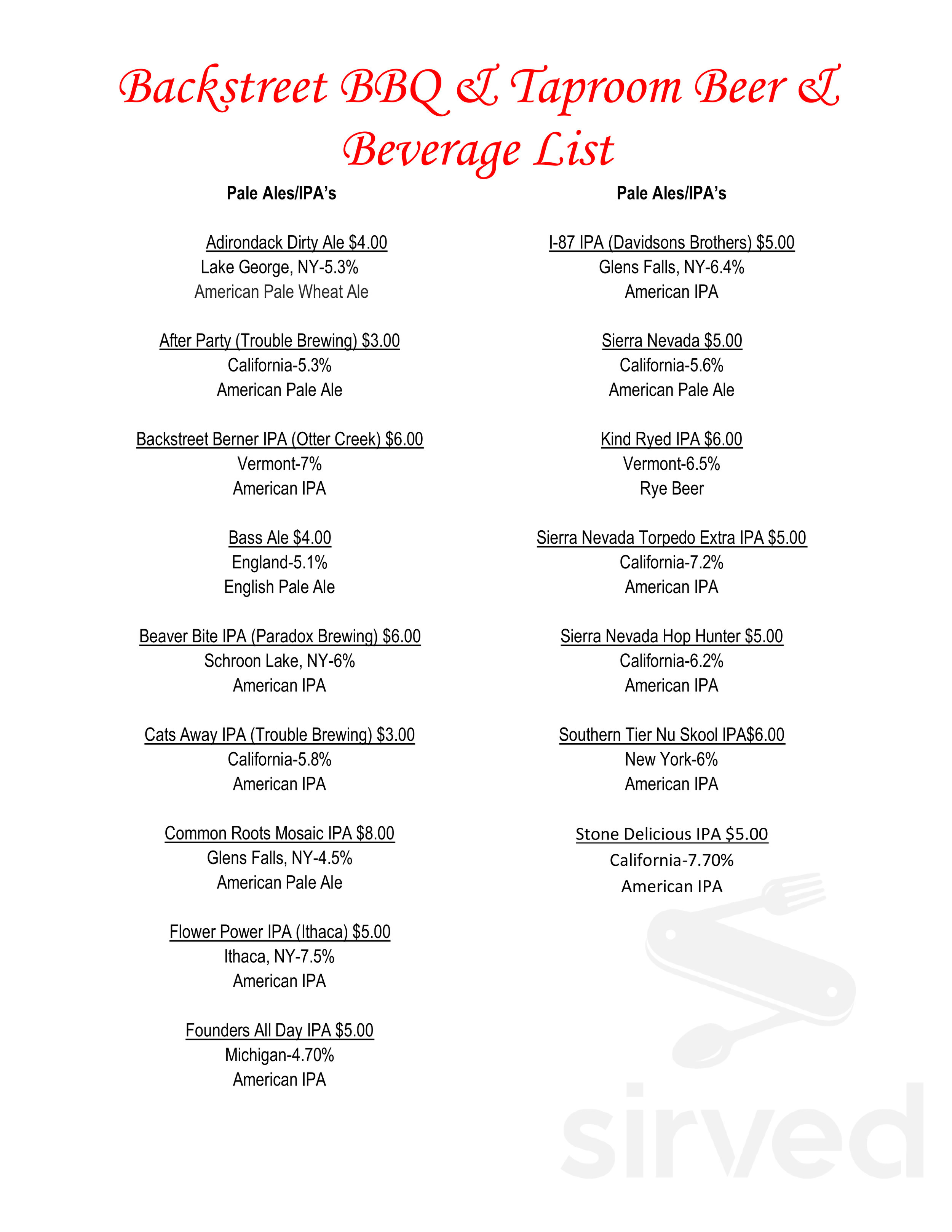 Back Street BBQ menu in Lake George, New York, USA