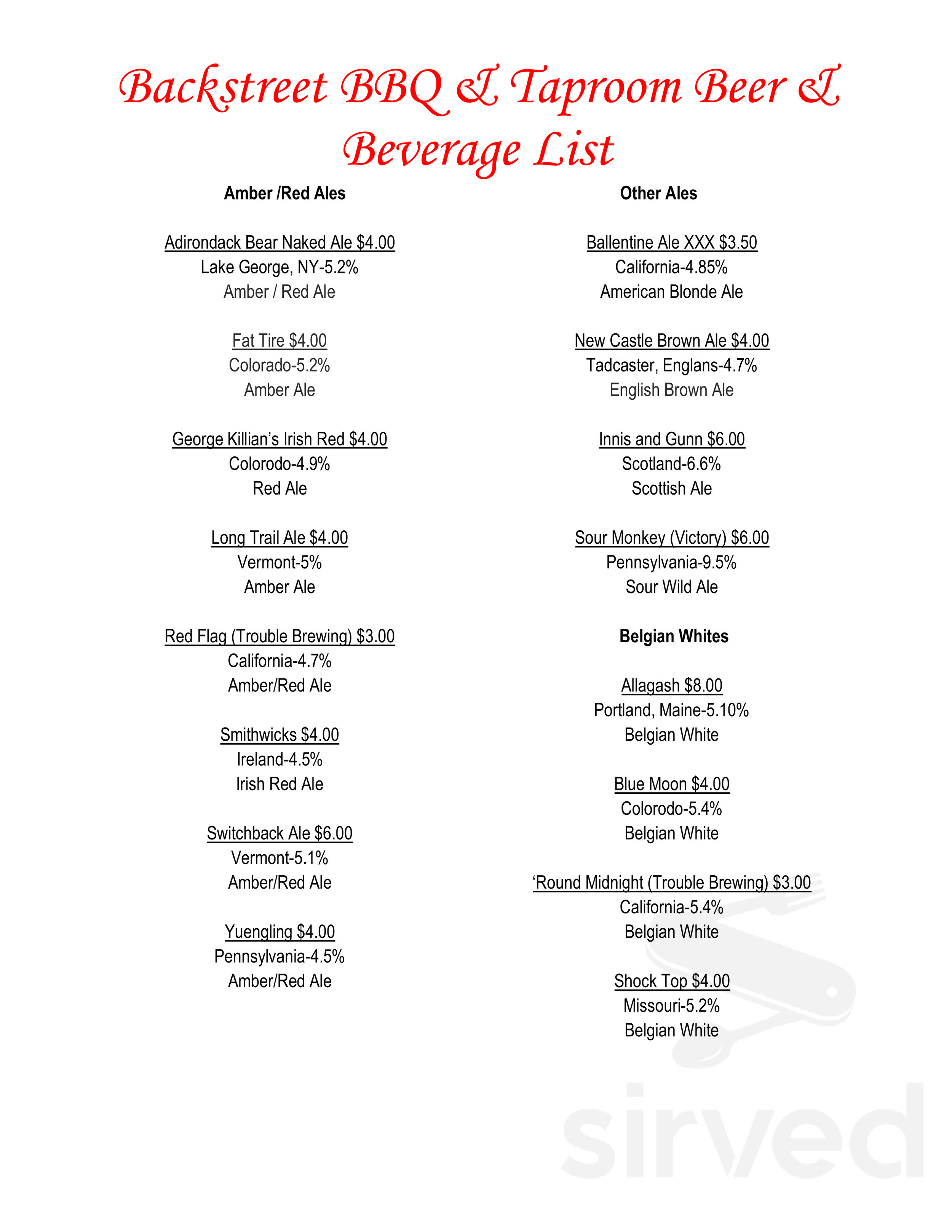 Back Street BBQ menu in Lake George, New York, USA