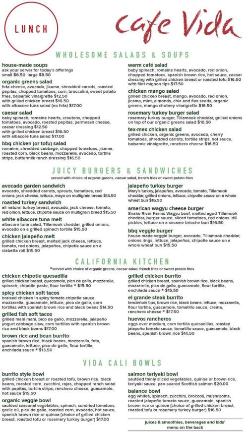 Cafe Vida menu in Pacific Palisades, California, USA