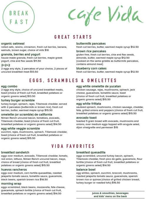 Cafe Vida menu in Pacific Palisades, California, USA