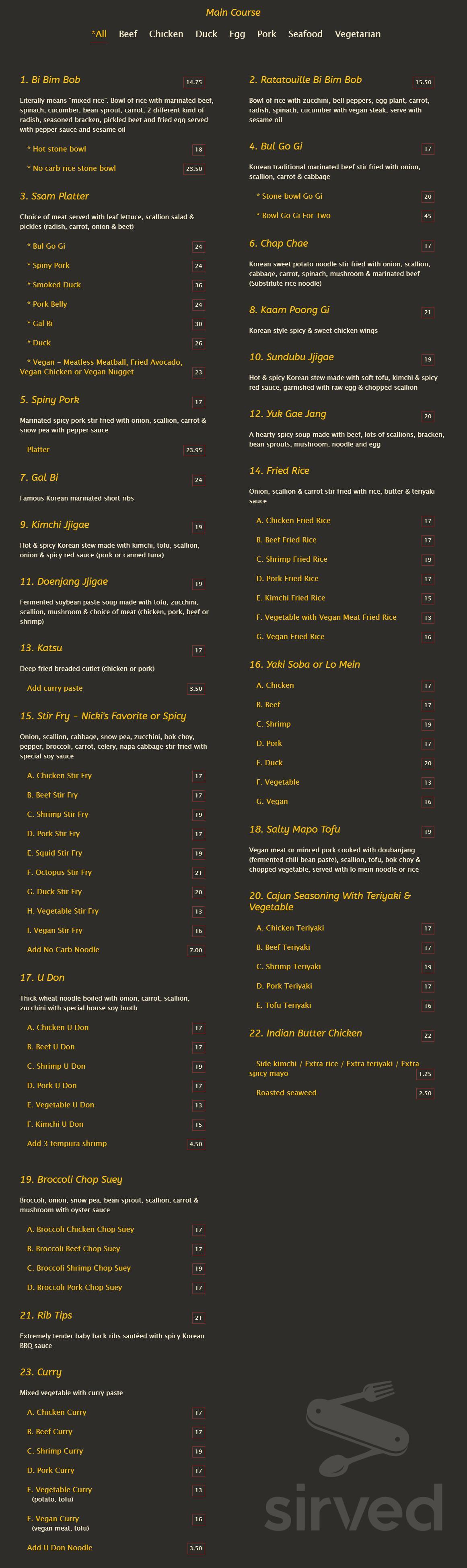 Asiana Korean Cuisine Restaurant menu in Racine, Wisconsin, USA