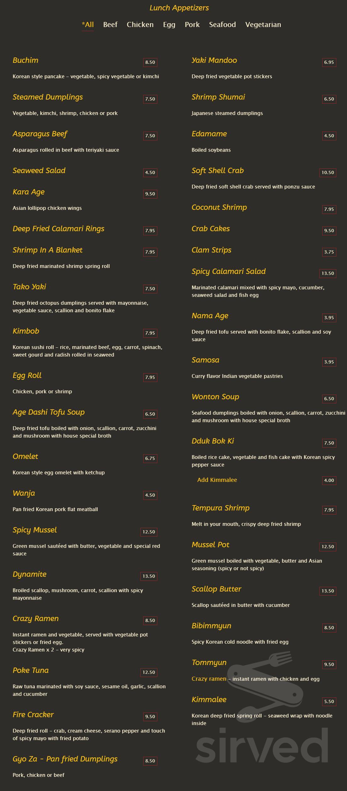 Asiana Korean Cuisine Restaurant menu in Racine, Wisconsin, USA