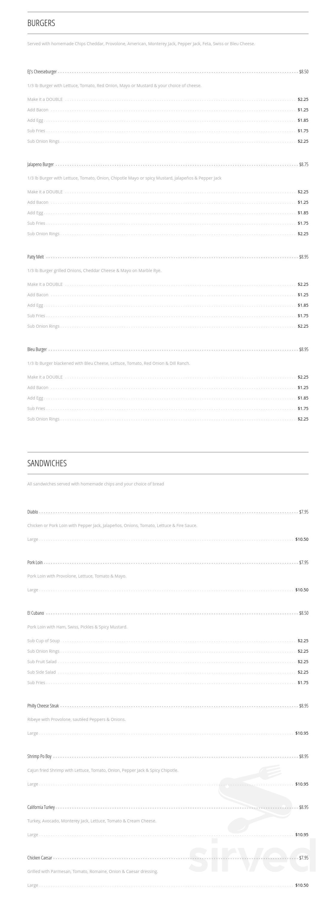 EJ's Eats and Drinks menu in Little Rock, Arkansas, USA