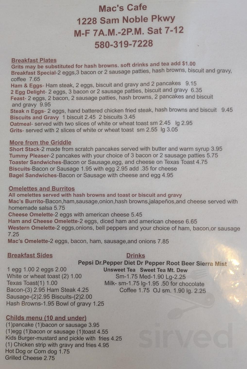 Mac's Cafe menu in Ardmore, Oklahoma, USA