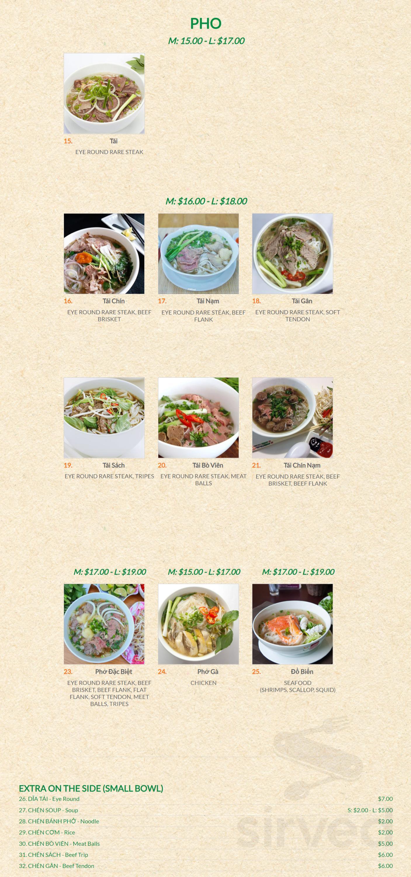 Pho Taste menu in Miami, Florida, USA