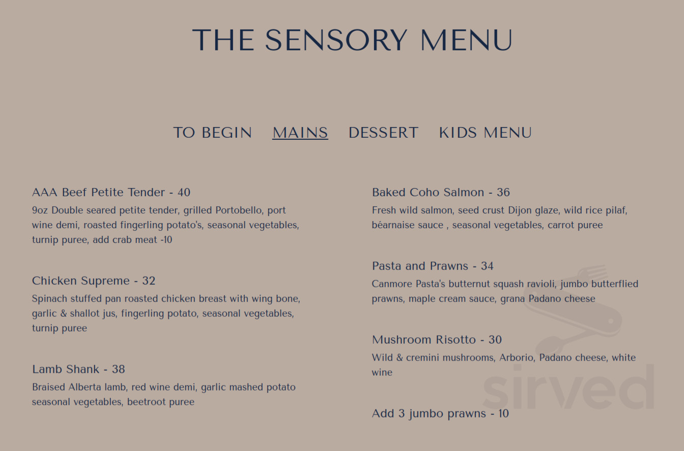 The Sensory Restaurant & Lounge menu in Canmore, Alberta, Canada