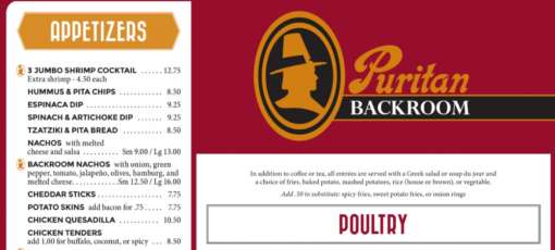 Menu for Puritan Backroom Restaurant in Manchester, NH | Sirved