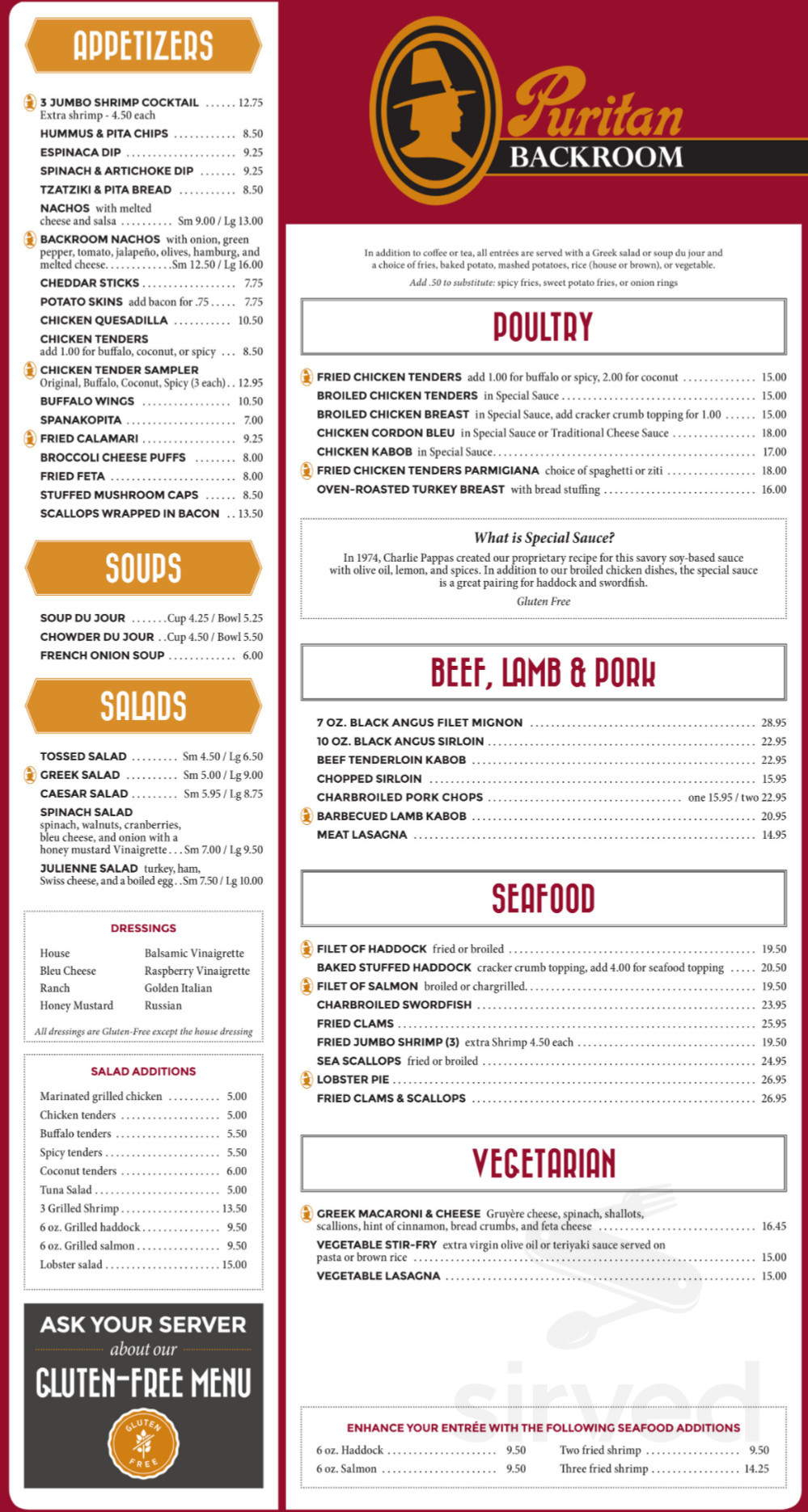 Puritan Backroom Restaurant menu in Manchester, New Hampshire, USA