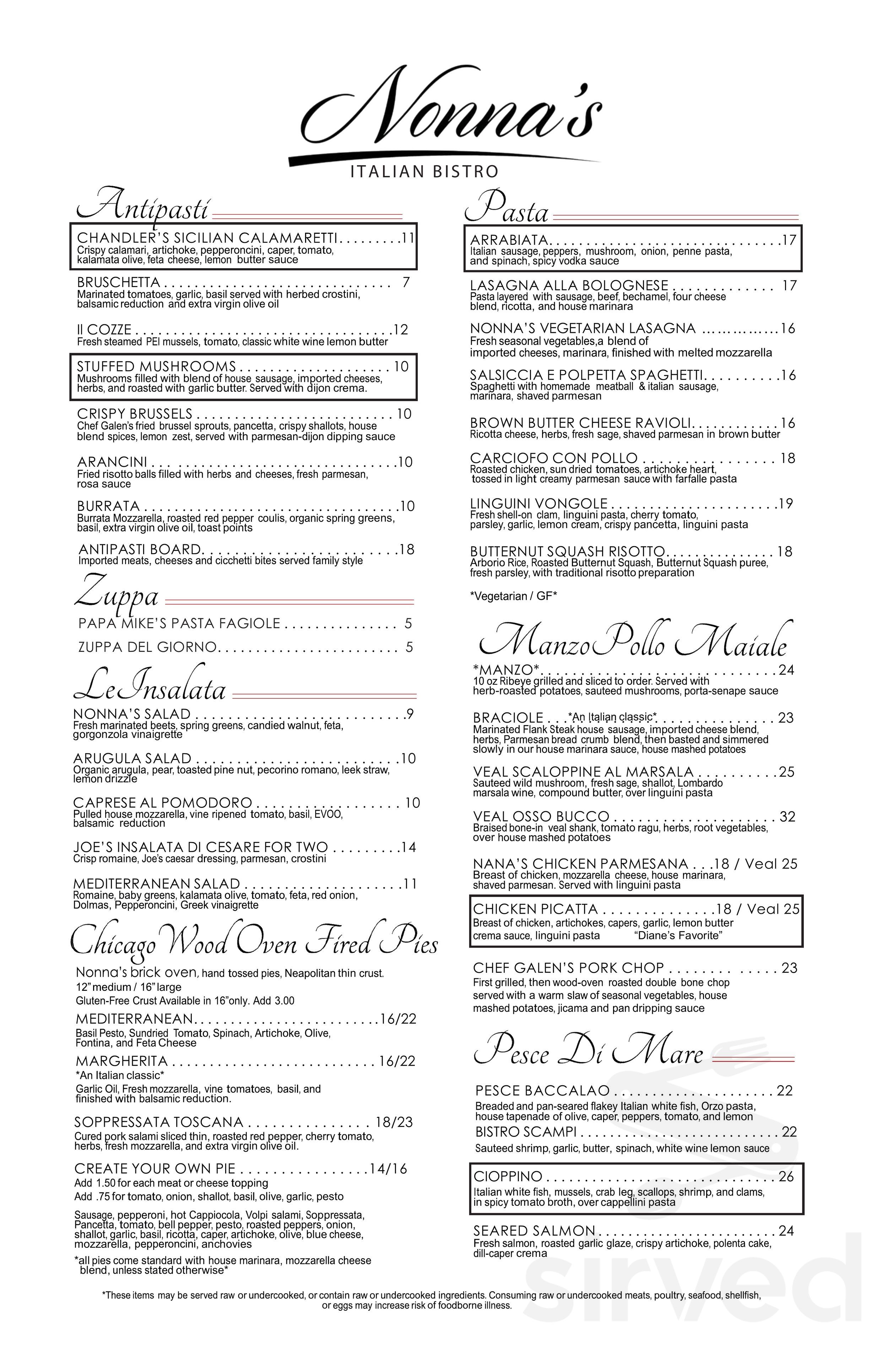 Nonna's Italian Bistro menu in Centennial, Colorado, USA