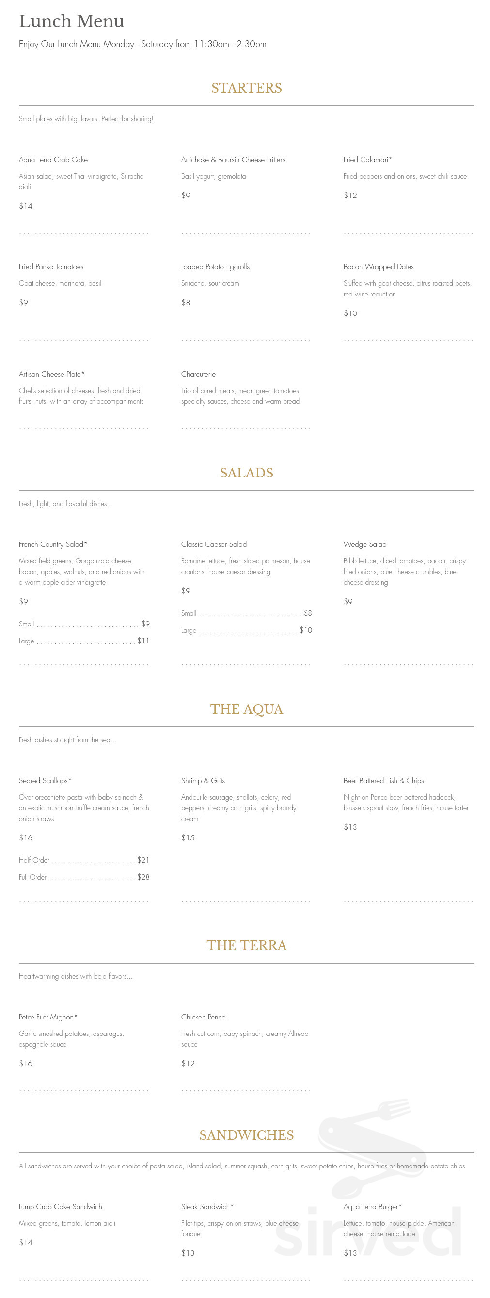 Aqua Terra Bistro menu in Buford, Georgia, USA