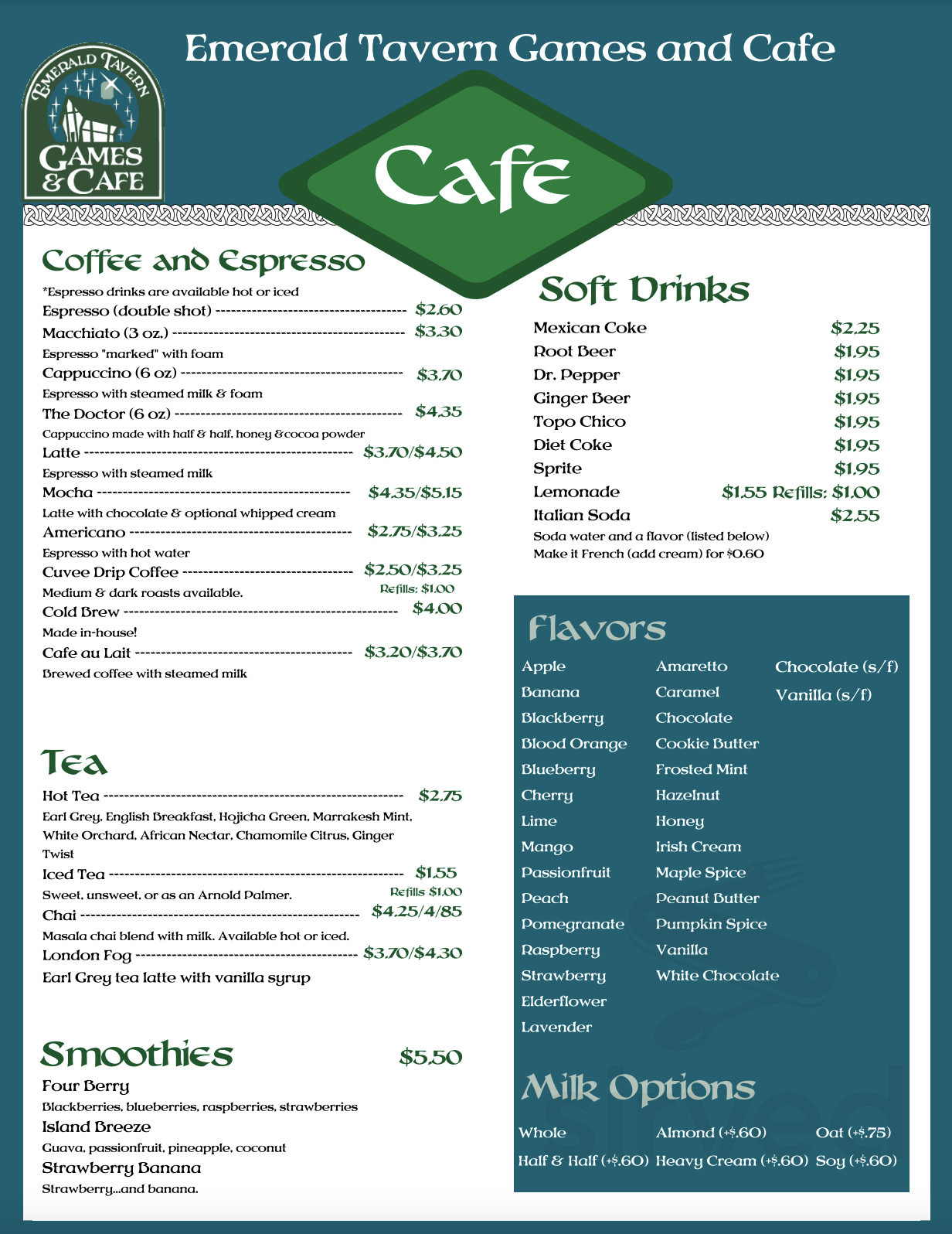Emerald Tavern Games and Cafe menu in Austin, Texas, USA