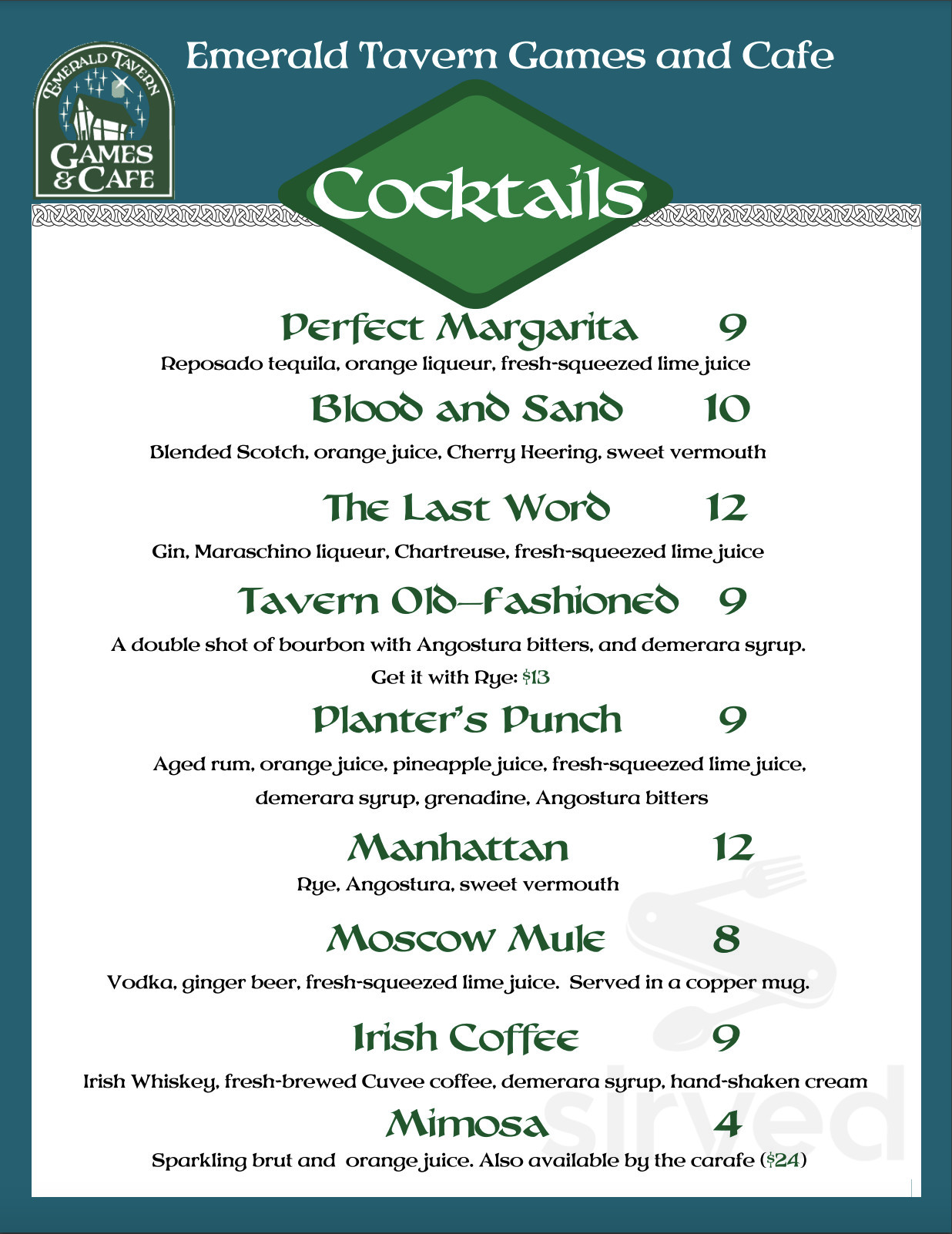 Emerald Tavern Games and Cafe menu in Austin, Texas, USA