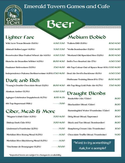 Emerald Tavern Games and Cafe menu in Austin, Texas, USA