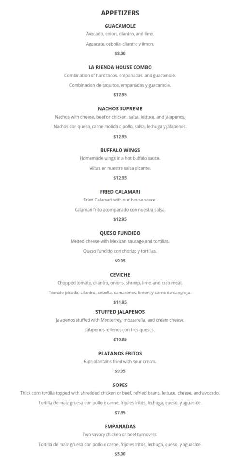 La Rienda Cafe menu in Long Valley, New Jersey, USA