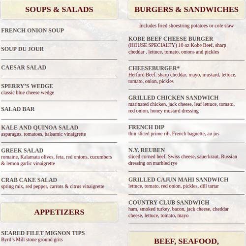Sperry's Cool Springs menu in Franklin, Tennessee, USA
