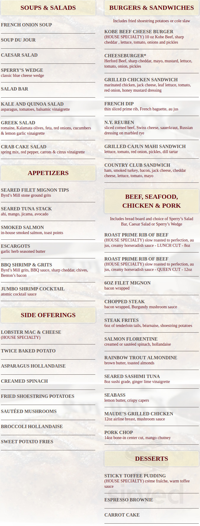Sperry's Cool Springs menu in Franklin, Tennessee, USA
