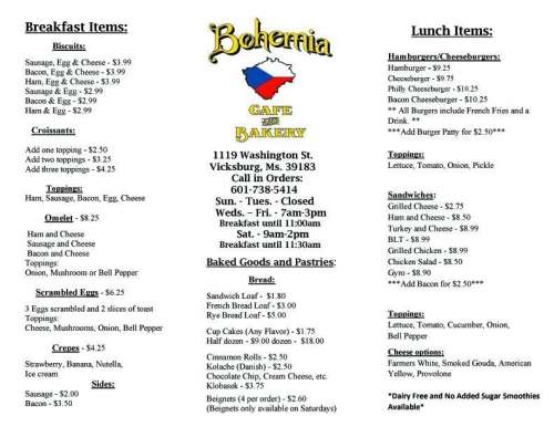 Bohemia Cafe & Bakery menu in Vicksburg, Mississippi, USA