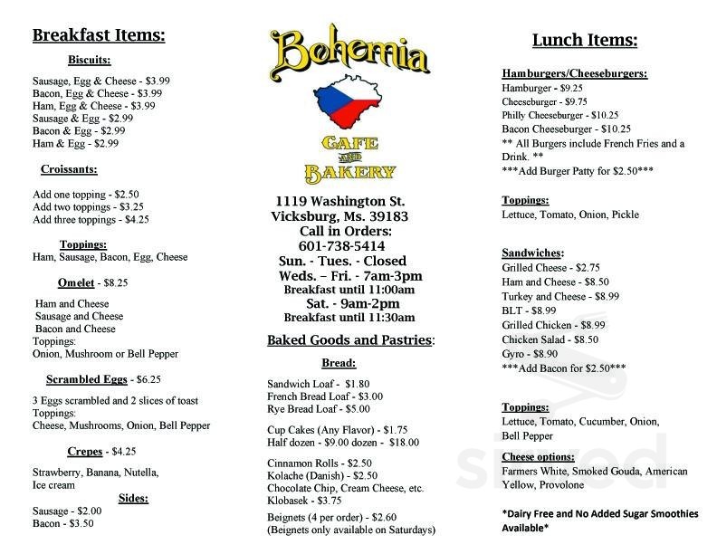 Menu for Bohemia Cafe & Bakery in Vicksburg, MS | Sirved