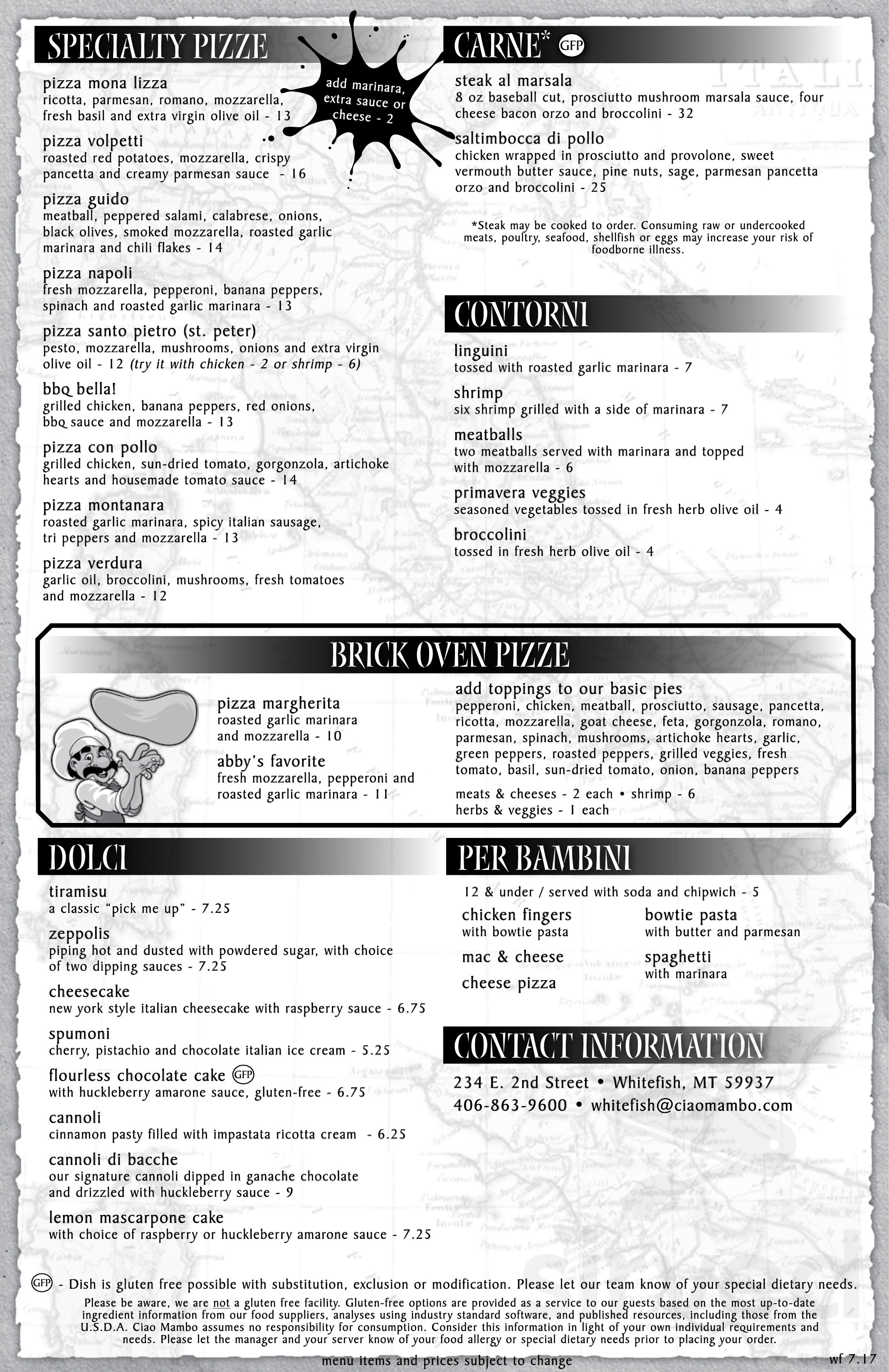 Ciao Mambo menu in Whitefish, Montana, USA