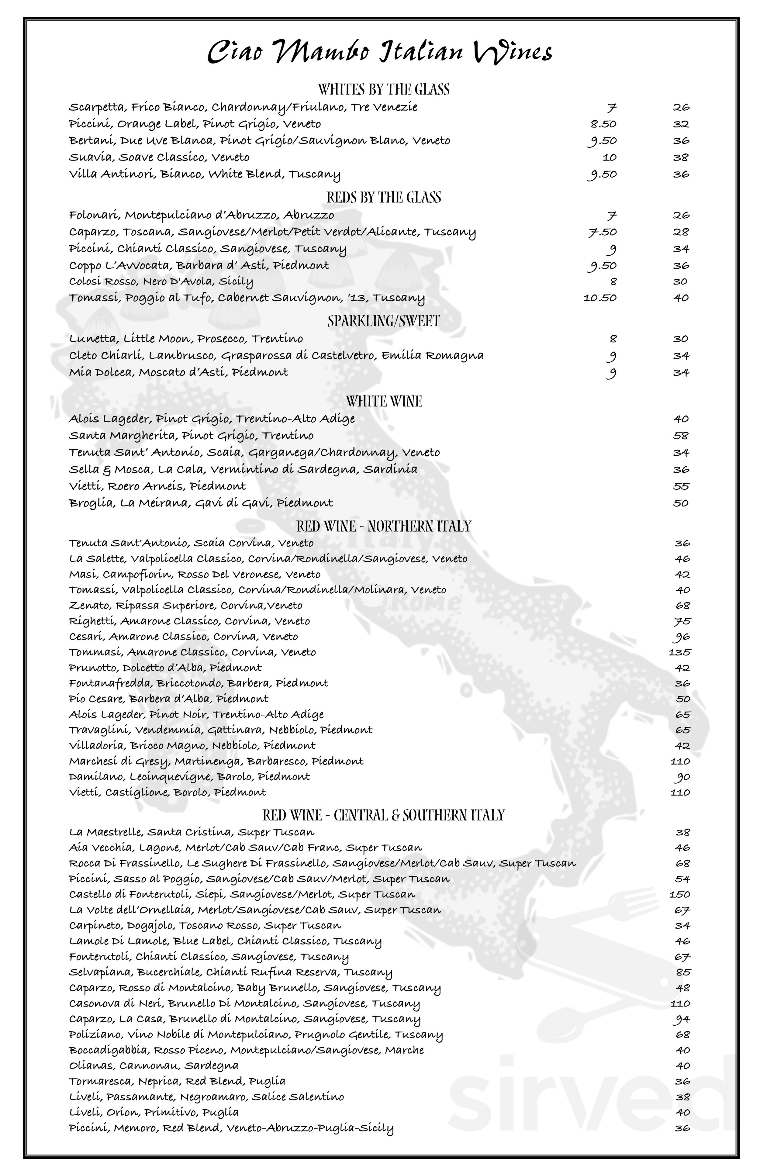 Ciao Mambo menu in Whitefish, Montana, USA