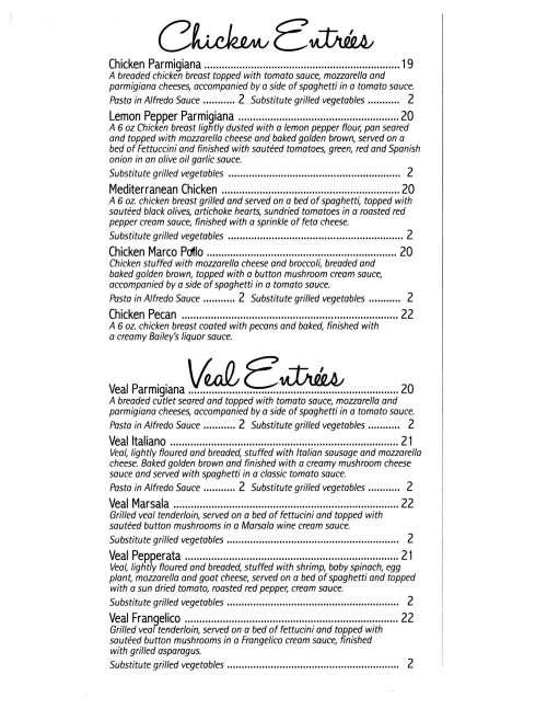 Marciano's Pasta Cafe menu in Waterdown, Ontario, Canada