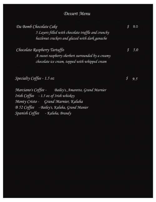 Marciano's Pasta Cafe menu in Waterdown, Ontario, Canada