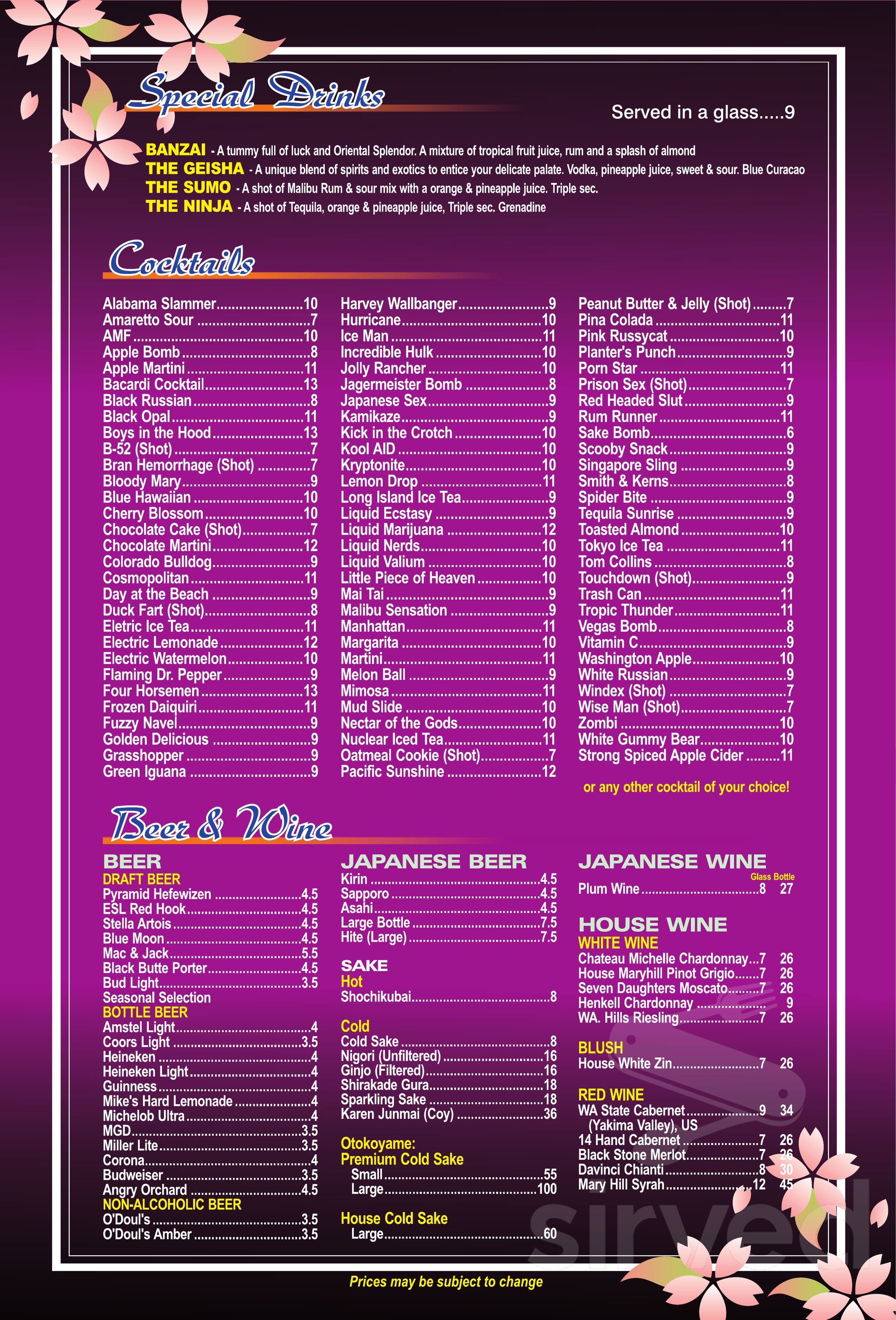 Tokyo Japanese Steak House menu in Federal Way, Washington, USA