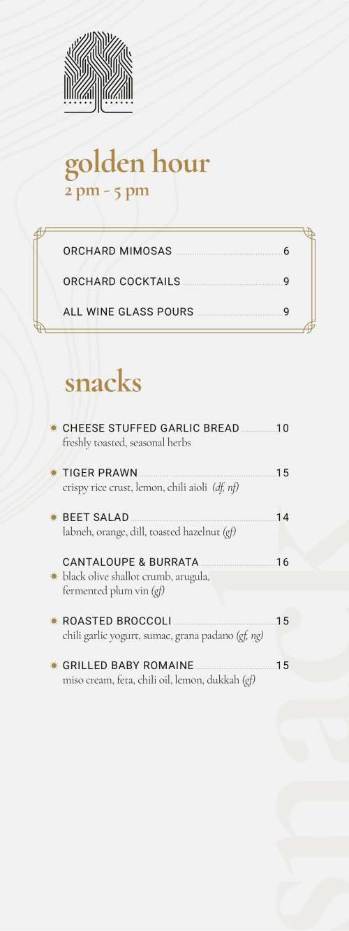 Orchard Restaurant menu in Calgary, Alberta, Canada