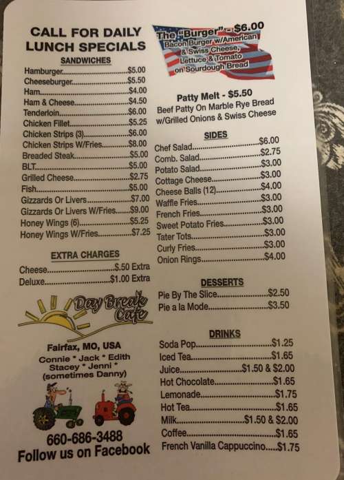 Daybreak Cafe menu in Fairfax, Missouri, USA