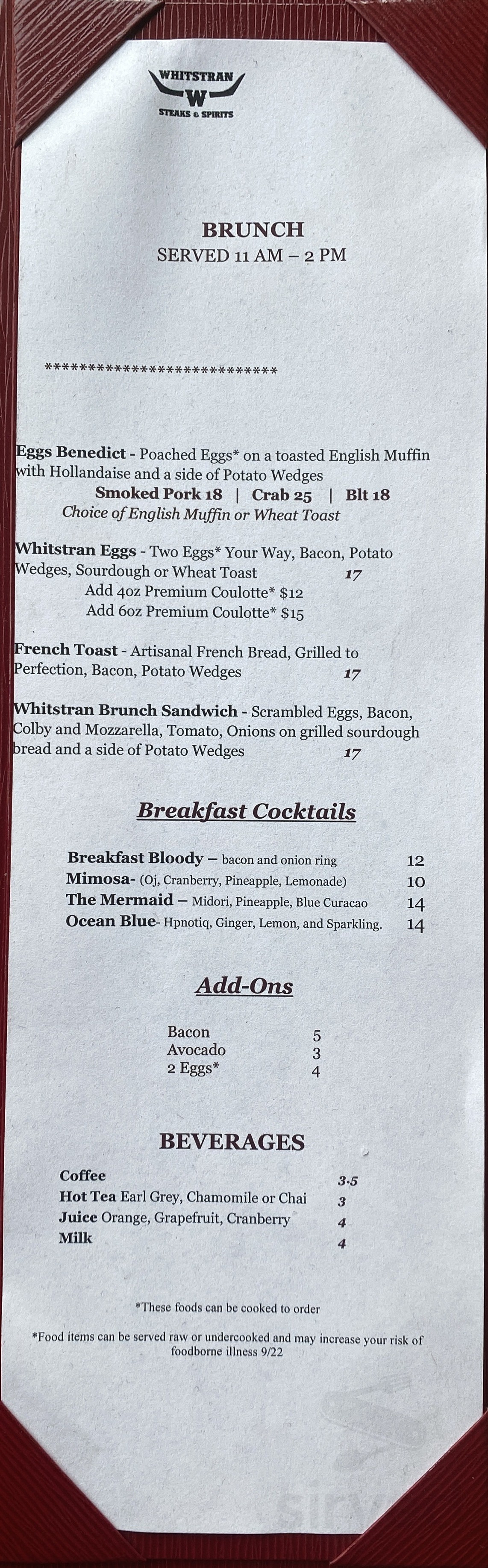 Menu for Whitstran Steaks & Spirits in Prosser, WA | Sirved