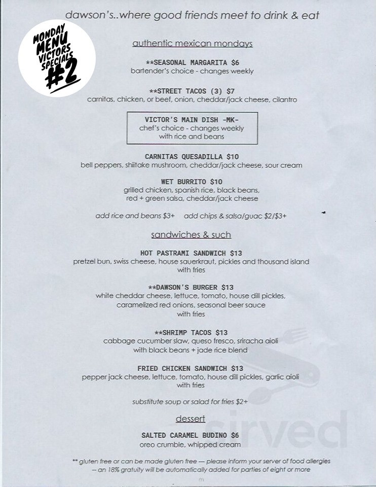 Dawson's Bar & Grill menu in Dixon, California, USA
