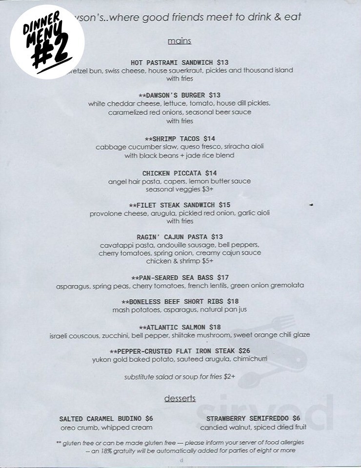 Dawson's Bar & Grill menu in Dixon, California, USA