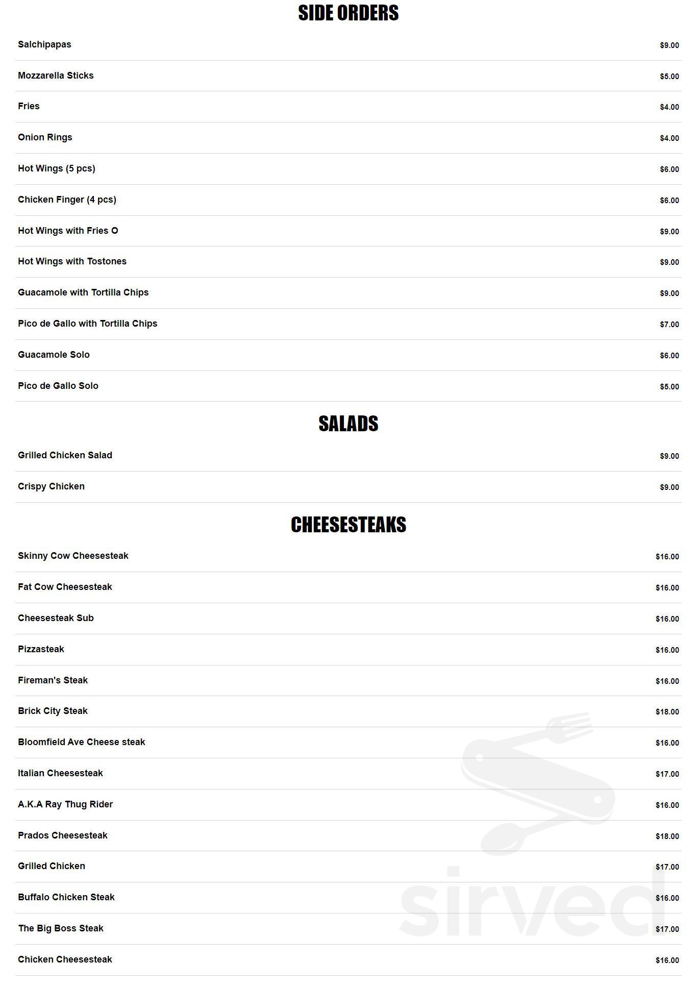 Prados Cheesesteak House and tacos menu in Newark, New Jersey, USA