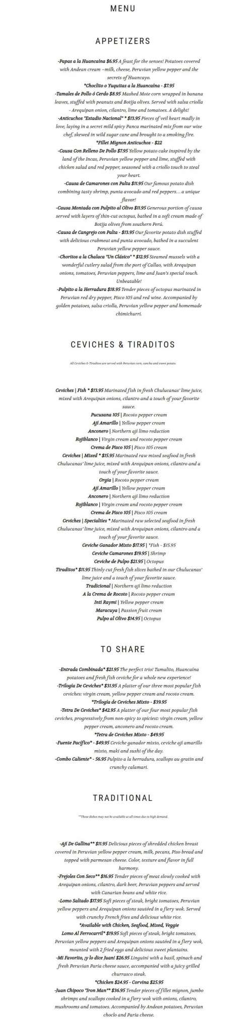 CVI.CHE 105 menu in Miami, Florida, USA