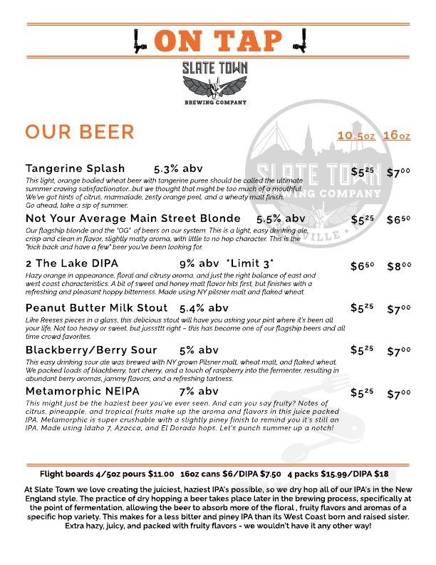 Slate Town Brewing Company menu in Granville, New York, USA