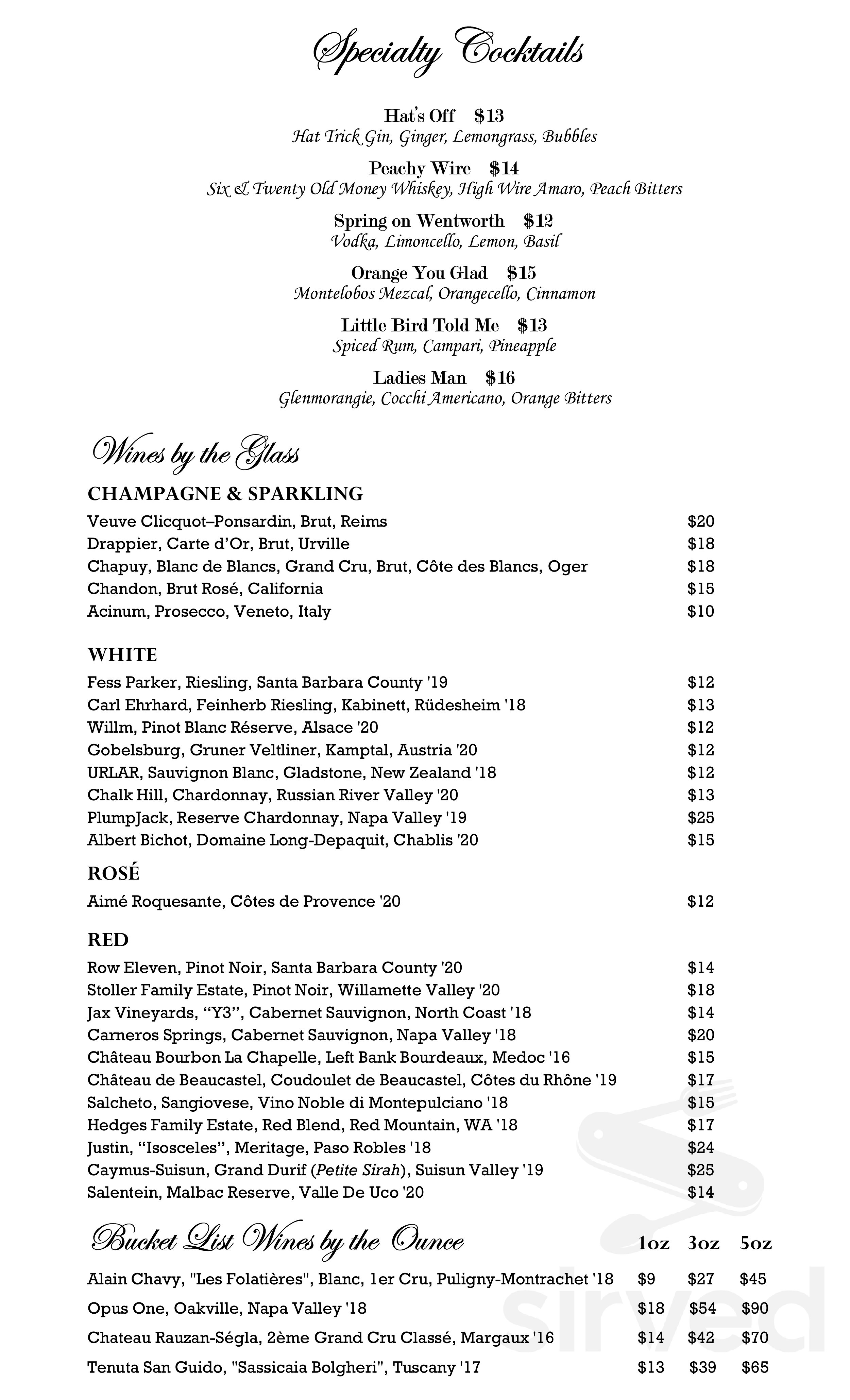 Circa 1886 Restaurant menu in Charleston, South Carolina, USA