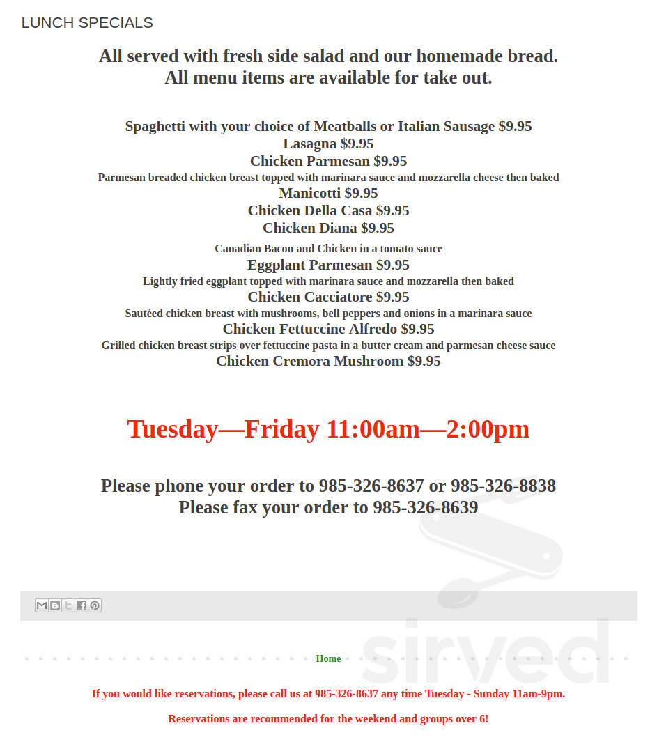 Menu for Joe's Italian Ristorante in Slidell, LA | Sirved