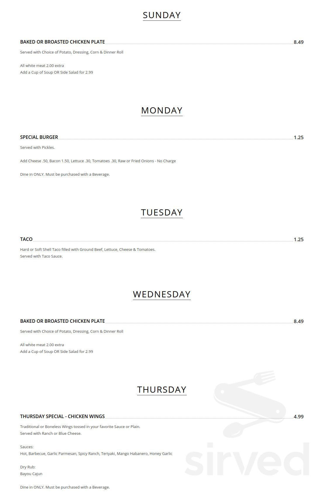 The Ravine Pub, Grill & Banquet Hall menu in Green Bay, Wisconsin, USA