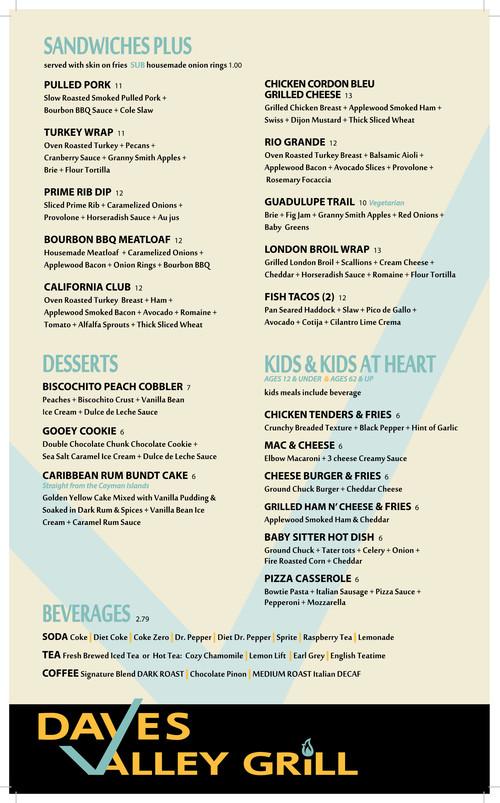Dave's Valley Grill menu in Los Ranchos De Albuquerque, New Mexico, USA