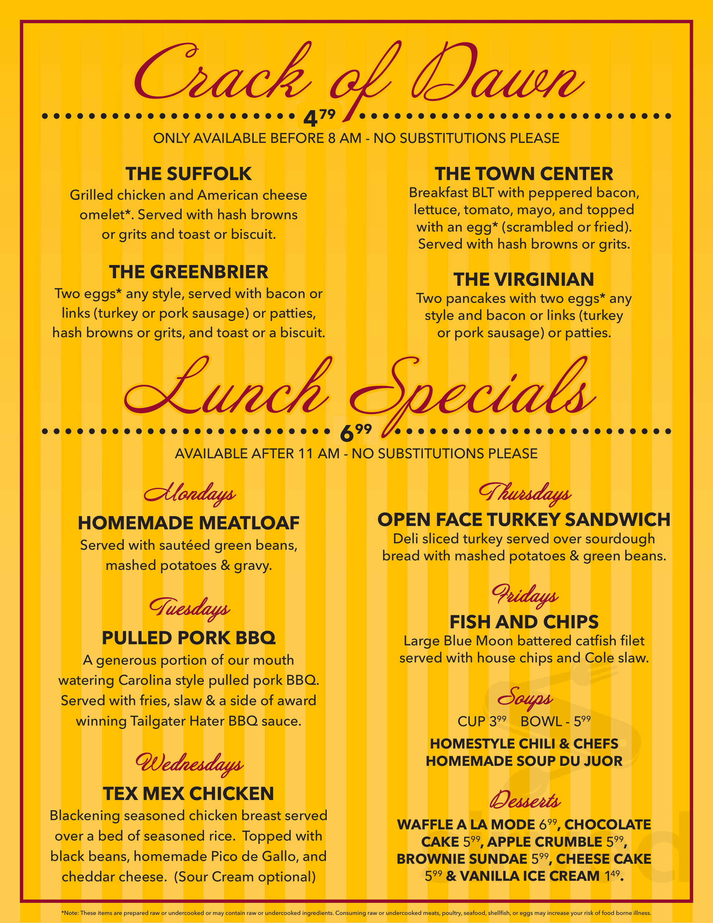 The Egg Bistro menu in Chesapeake, Virginia, USA