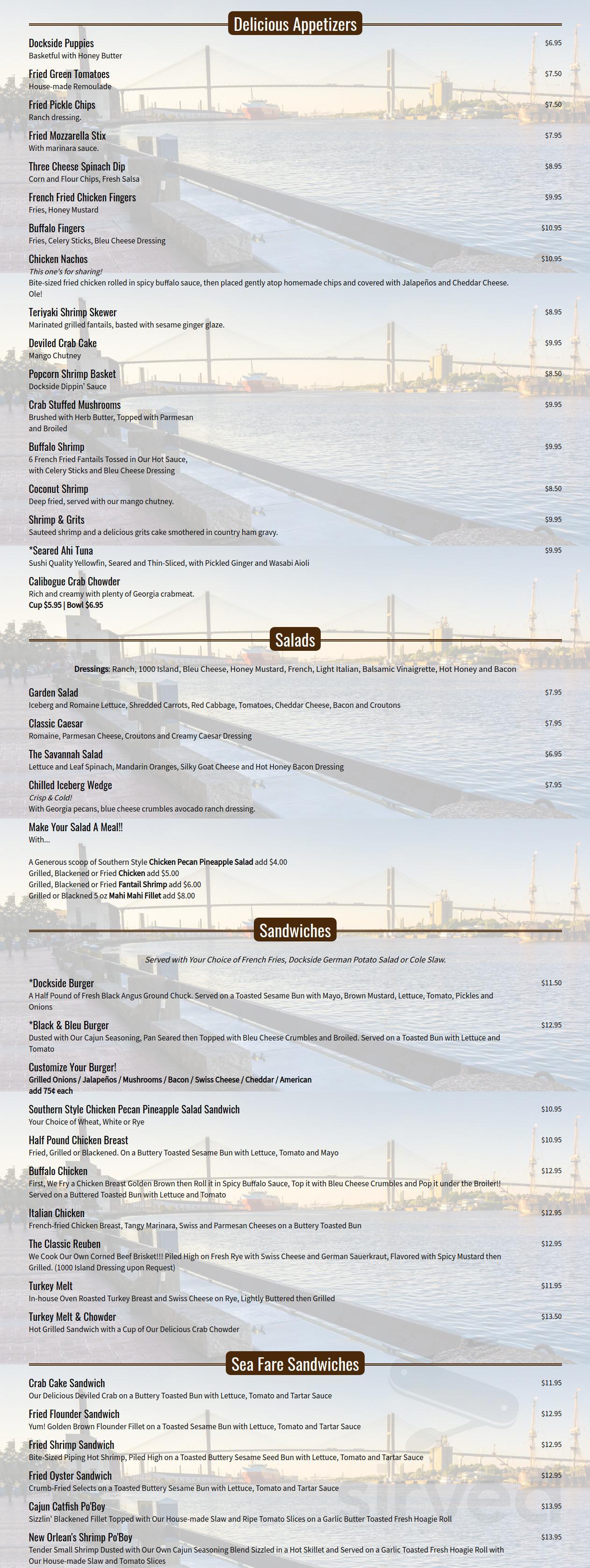 Dockside Seafood menu in Savannah, Georgia, USA